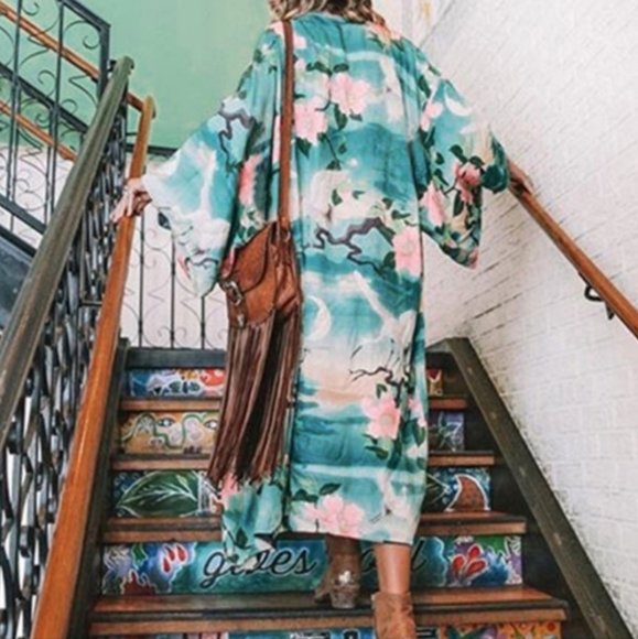 Dresses | New Boho Vintage Floral Kimono Maxi Duster Jacket Robe Teal ...